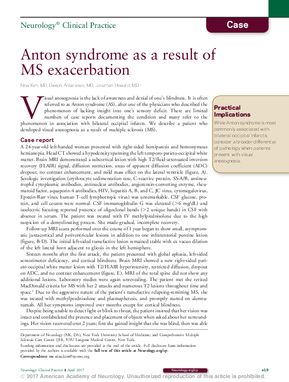 (PDF) Anton syndrome as a result of MS exacerbation