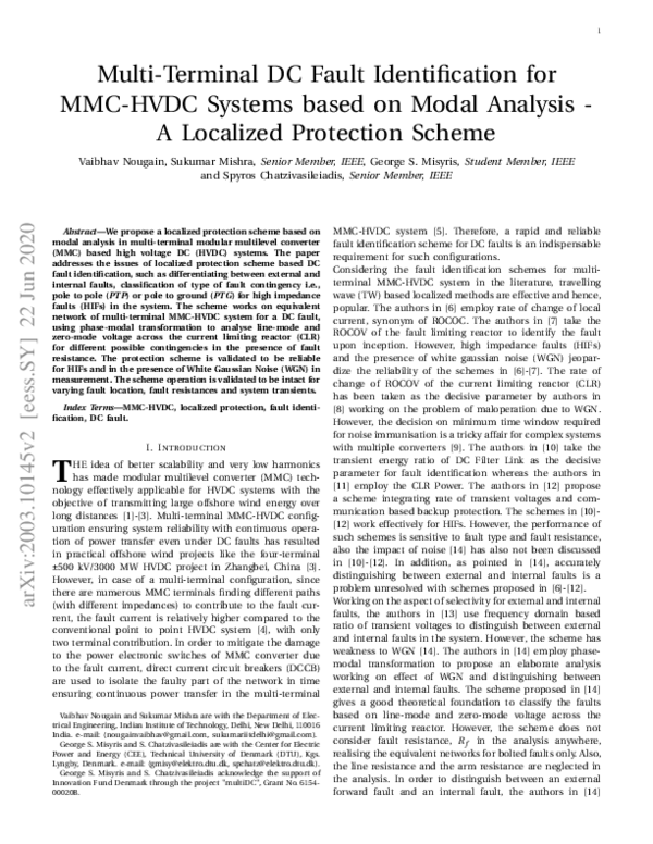 (PDF) Multiterminal DC Fault Identification for MMC-HVDC Systems Based on Modal Analysis—A ...