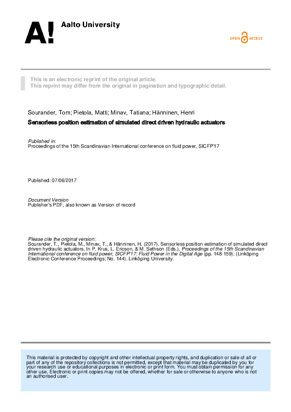 Pdf Sensorless Position Estimation Of Simulated Direct Driven Hydraulic Actuators