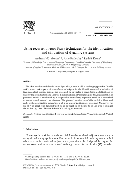 Pdf Using Recurrent Neuro Fuzzy Techniques For The Identification And Simulation Of Dynamic