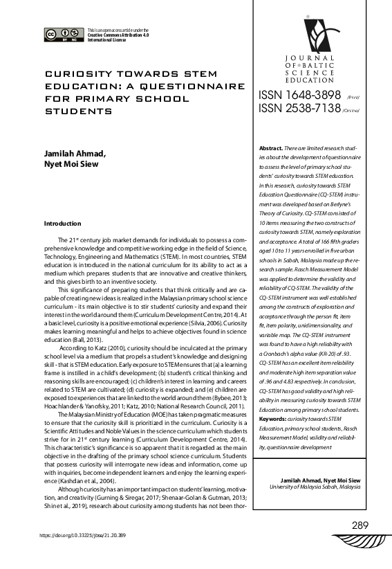 (PDF) Curiosity Towards Stem Education: A Questionnaire for Primary ...