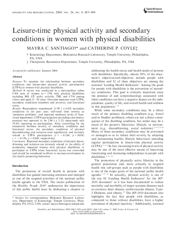 (PDF) Leisure-time physical activity and secondary conditions in women with physical disabilities