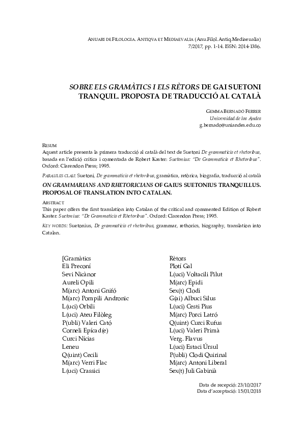 (PDF) Sobre els gram tics i els r tors de Gai Suetoni Tranquil. Proposta de traducci al catal