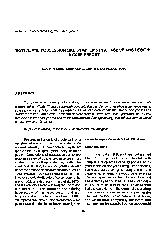 (PDF) Trance and Possession Like Symptoms in a Case of CNS Lesion: A ...