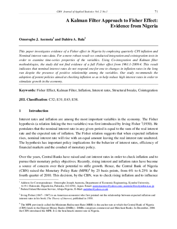 (PDF) A Kalman Filter Approach to Fisher Effect: Evidence from Nigeria