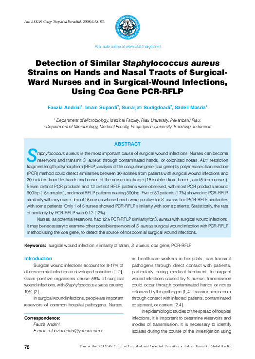 (PDF) Detection of similar Staphylococcus aureus strains on hands and nasal tracts of surgical ...