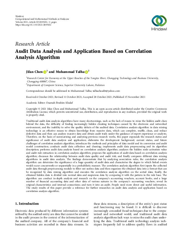 Pdf Audit Data Analysis And Application Based On Correlation Analysis Algorithm