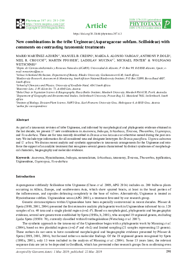 (PDF) New combinations in the tribe Urgineeae (Asparagaceae subfam ...
