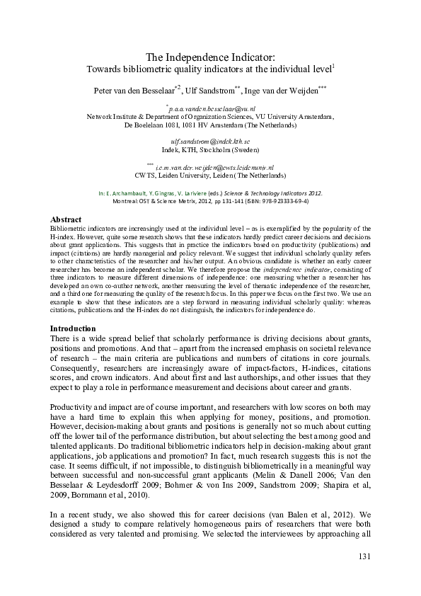 (PDF) The Independence Indicator : Towards bibliometric quality ...