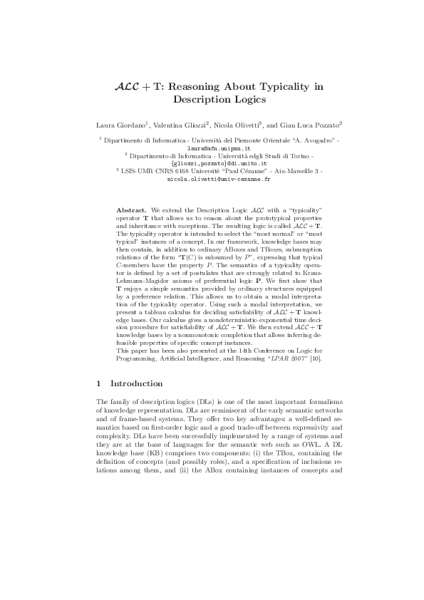 (PDF) ALC+T: Reasoning About Typicality in Description Logics