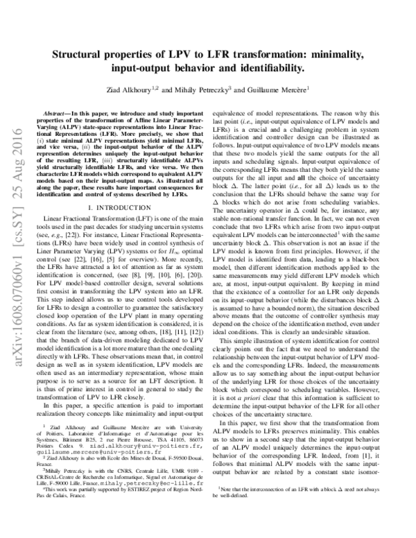(PDF) Structural properties of LPV to LFR transformation: minimality, input-output behavior and ...