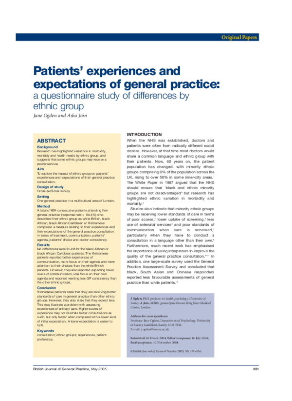 (PDF) Patients' experiences and expectations of general practice: a ...