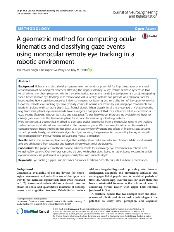 Pdf A Geometric Method For Computing Ocular Kinematics And Classifying Gaze Events Using