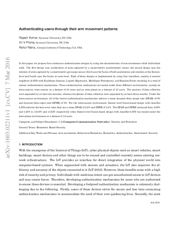 (PDF) Authenticating users through their arm movement patterns