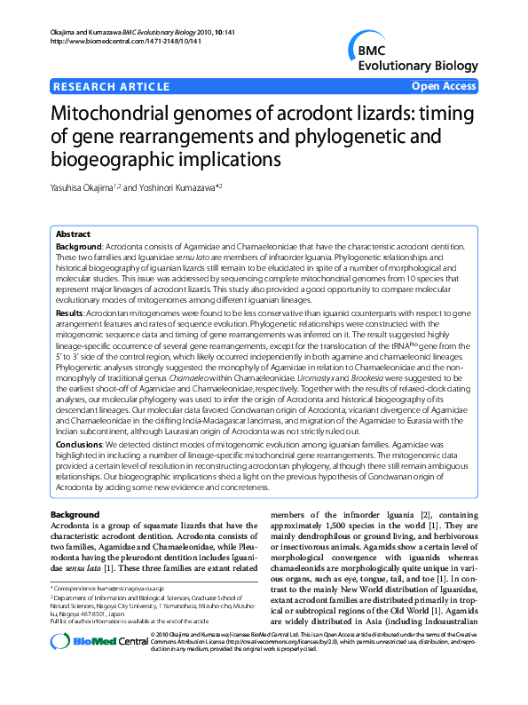 (PDF) Mitochondrial genomes of acrodont lizards: timing of gene ...