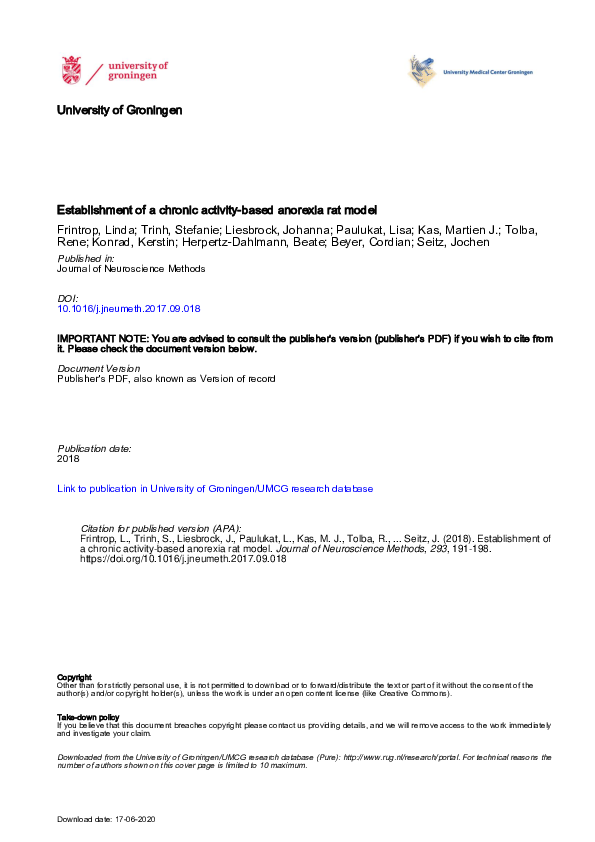 (PDF) Establishment of a chronic activity-based anorexia rat model