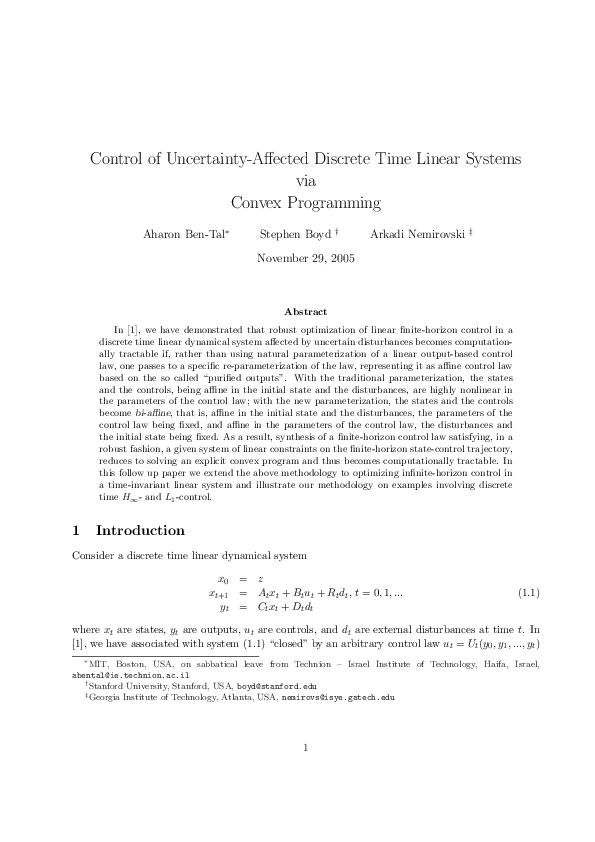 (PDF) Control of Uncertainty-Affected Discrete Time Linear Systems via Convex Programming ...