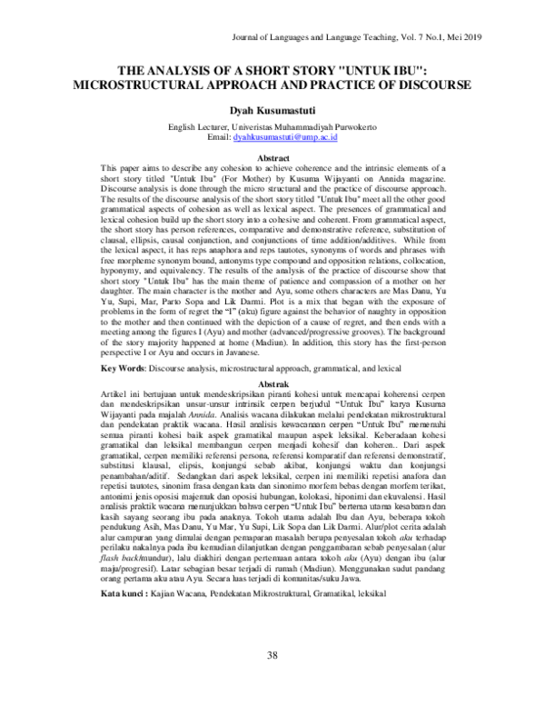 (PDF) The Analysis of a Short Story "Untuk Ibu": Microstructural Approach and Practice of Discourse