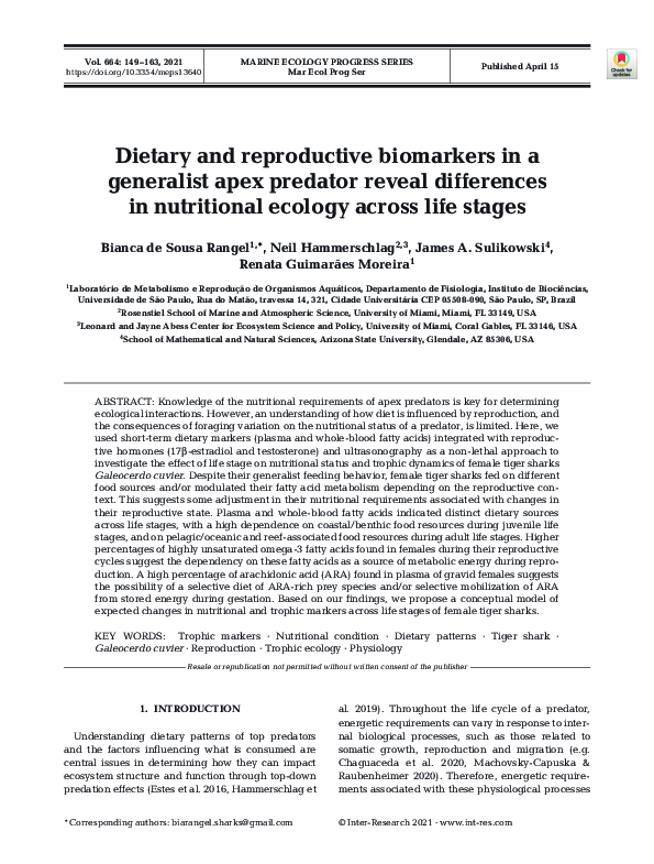 (PDF) Dietary and reproductive biomarkers in a generalist apex predator ...