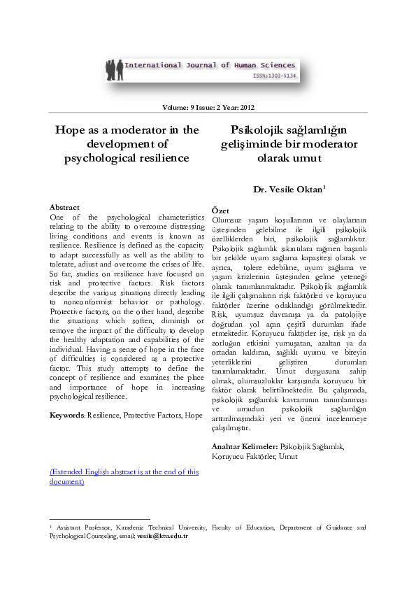 (PDF) Hope as a moderator in the development of psychological resilience