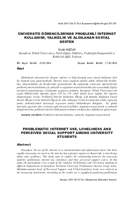 (PDF) Problematic Internet Use, Loneliness and Perceived Social Support ...
