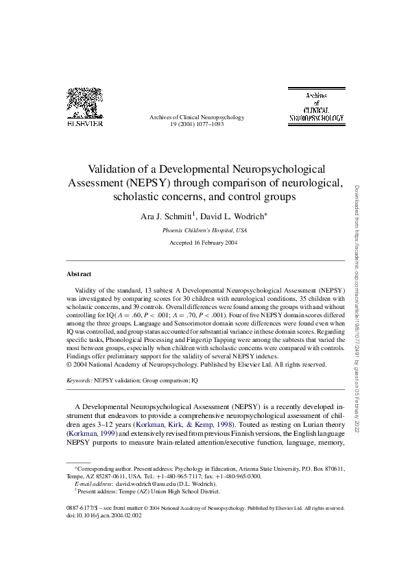 (PDF) Validation of a Developmental Neuropsychological Assessment ...