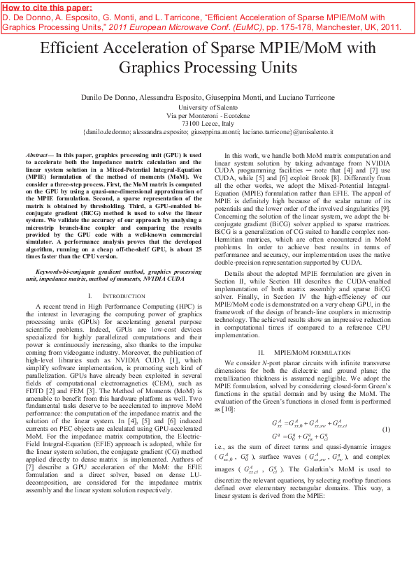 (PDF) Efficient acceleration of sparse MPIE/MoM with graphics processing units