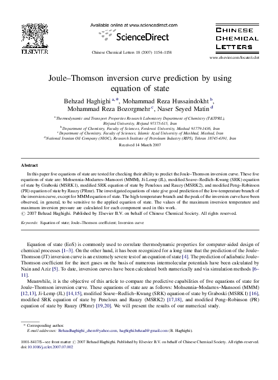 (PDF) Joule–Thomson inversion curve prediction by using equation of state