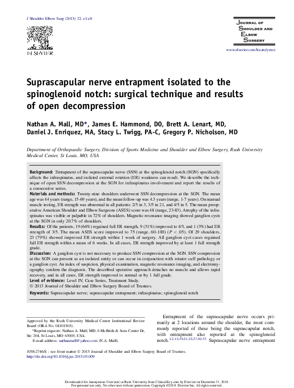 (PDF) Suprascapular nerve entrapment isolated to the spinoglenoid notch ...