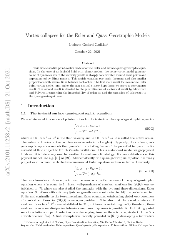 (PDF) Vortex collapses for the Euler and Quasi-Geostrophic Models