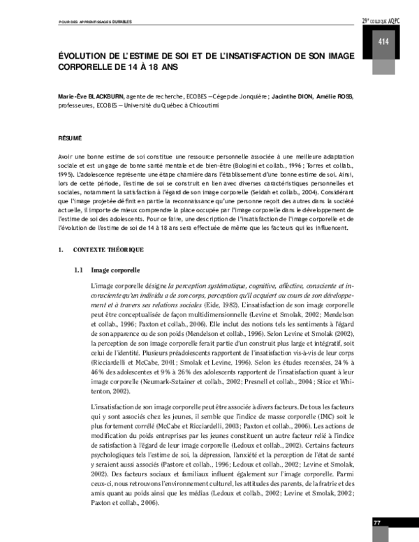 (PDF) Évolution De L'Estime De Soi et De L'Insatisfaction De Son Image ...