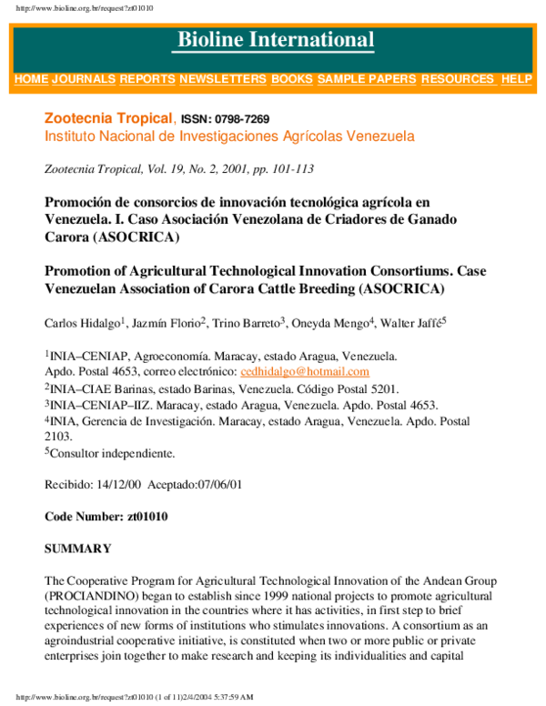 (PDF) Promoción de consorcios de innovación tecnológica agrícola en ...