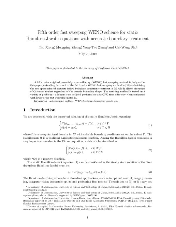 (PDF) Fifth order fast sweeping WENO scheme for static Hamilton-Jacobi equations with accurate ...