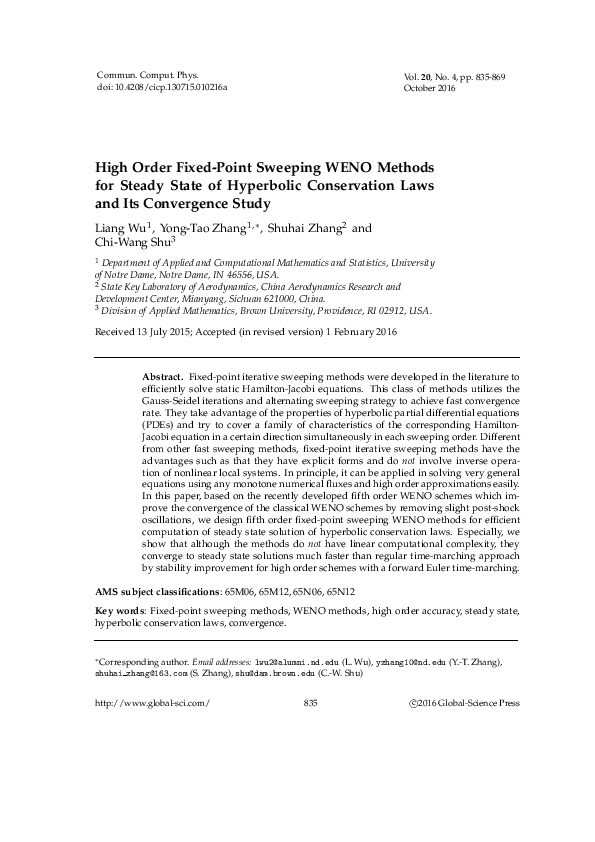 (PDF) High Order Fixed-Point Sweeping WENO Methods for Steady State of Hyperbolic Conservation ...