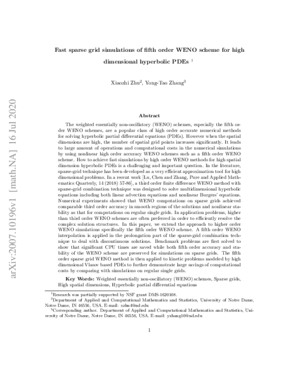 Pdf Fast Sparse Grid Simulations Of Fifth Order Weno Scheme For High Dimensional Hyperbolic 