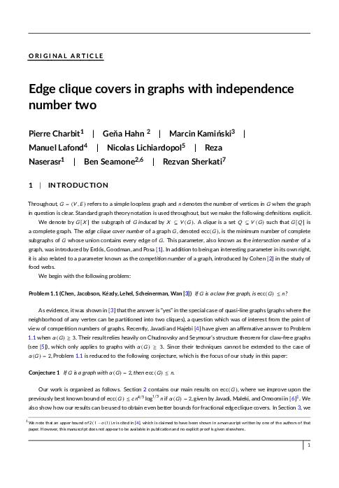 (PDF) Edge Clique Covers for Graphs with Max 2 Independent Vertices
