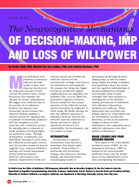 (PDF) The Neurocognitive Mechanisms of Decision-making, Impulse Control, and Loss of Willpower ...