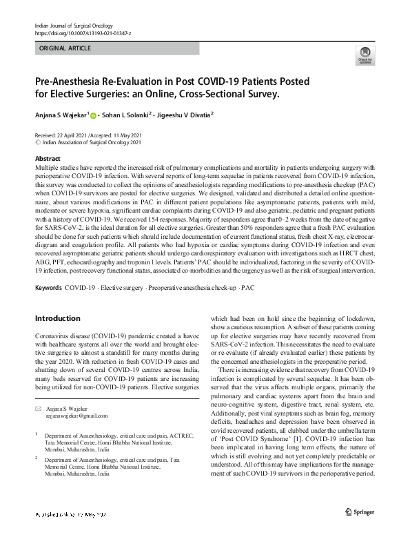 (PDF) Pre-Anesthesia Re-Evaluation in Post COVID-19 Patients Posted for ...
