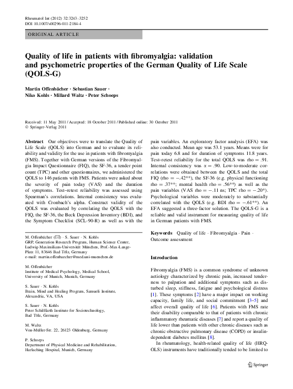 (PDF) Quality of life in patients with fibromyalgia: validation and ...