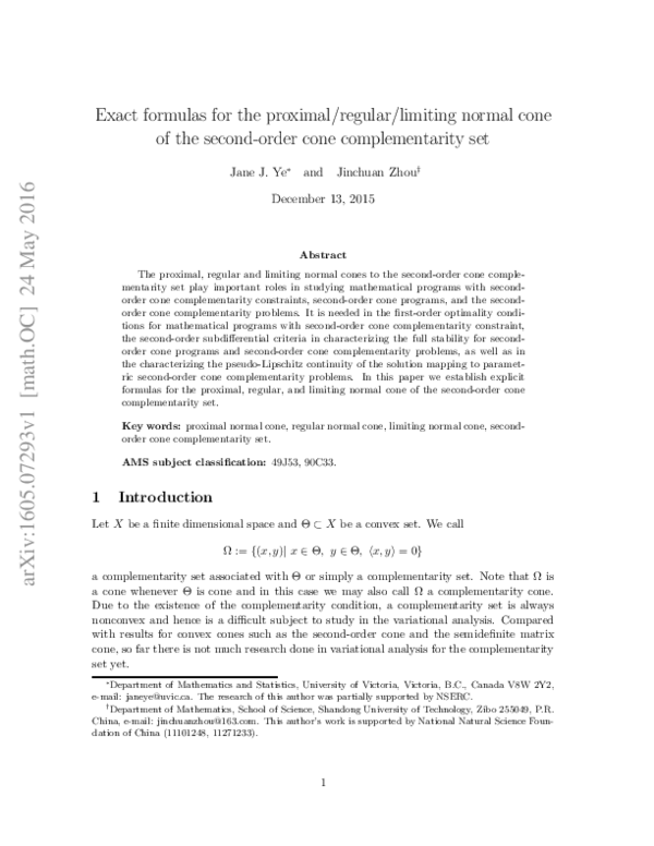 (PDF) Exact formulas for the proximal/regular/limiting normal cone of the second-order cone ...