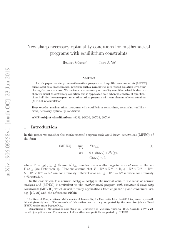 (PDF) New Sharp Necessary Optimality Conditions for Mathematical Programs with Equilibrium ...