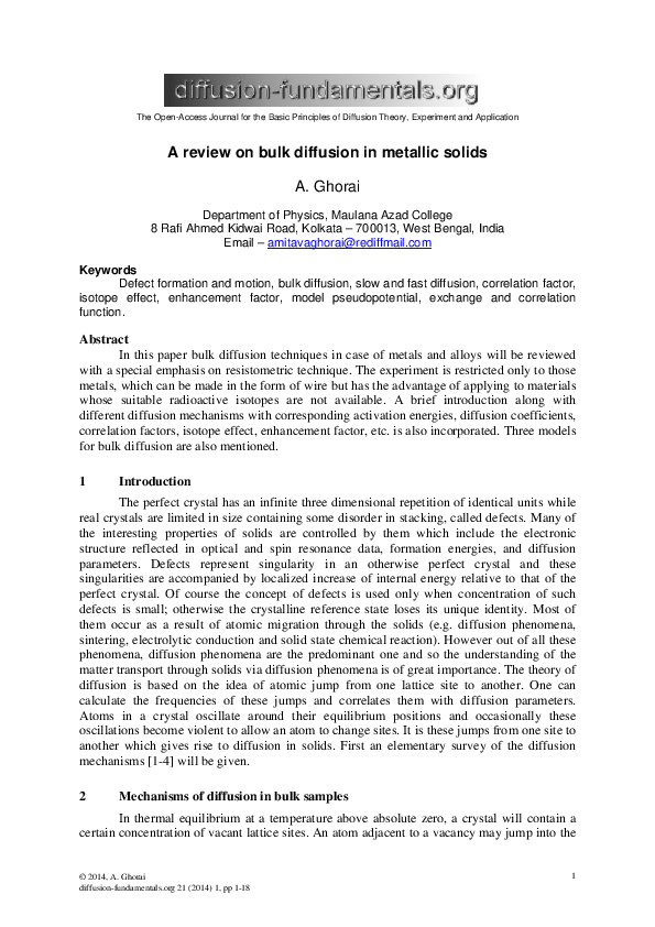 (PDF) A review on bulk diffusion in metallic solids