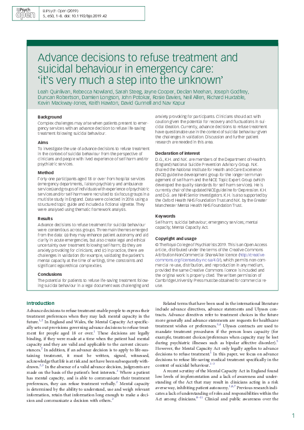 (PDF) Advance decisions to refuse treatment and suicidal behaviour in ...