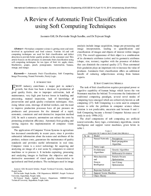 (PDF) A Review of Automatic Fruit Classification using Soft Computing Techniques | Jasmeen Gill ...