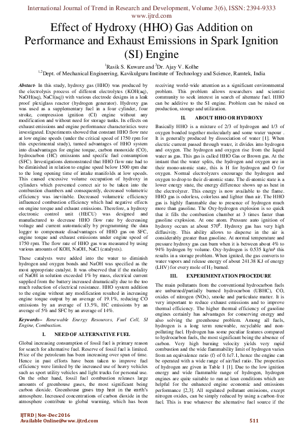(PDF) Effect of Hydroxy (HHO) Gas Addition on Performance and Exhaust Emissions in Spark ...