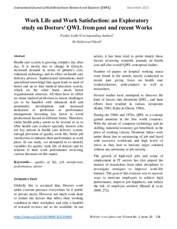 (PDF) Work Life and Work Satisfaction: an Exploratory study on Doctors ...