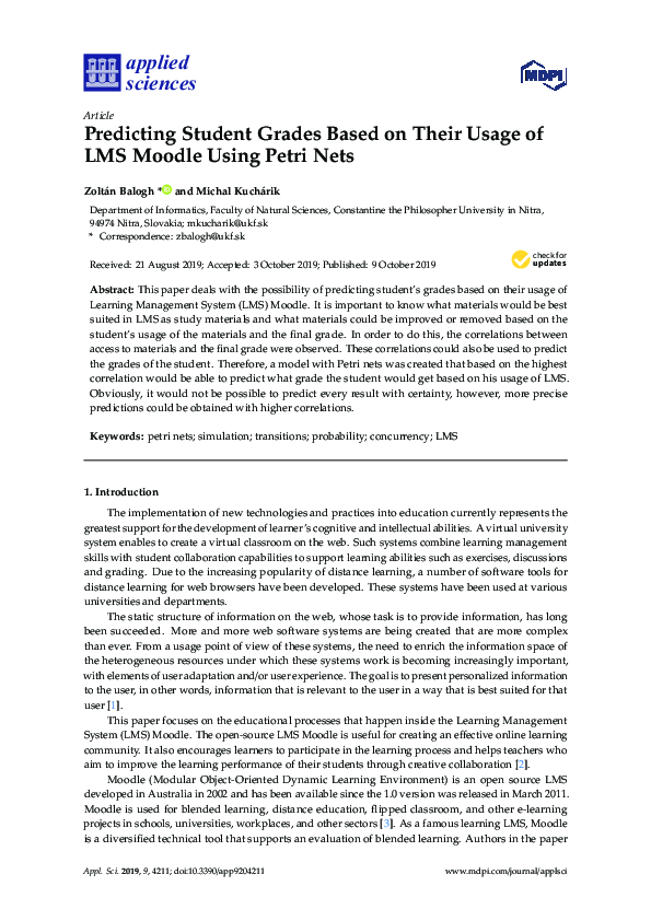 (PDF) Predicting Student Grades Based on Their Usage of LMS Moodle Using Petri Nets