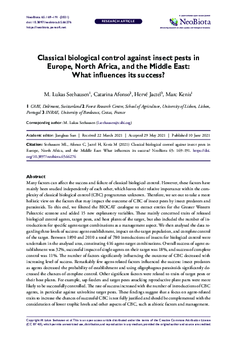 (PDF) Classical biological control against insect pests in Europe ...