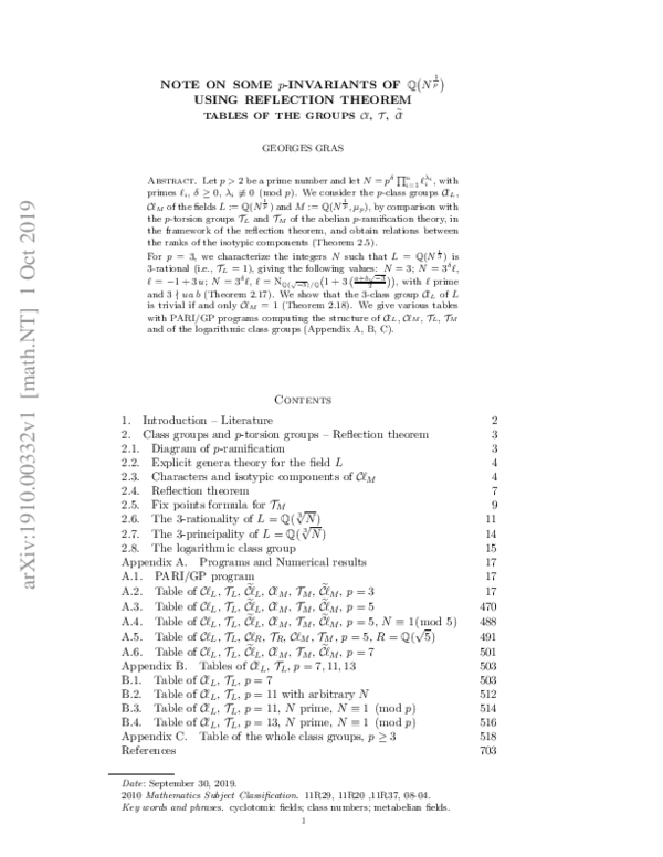 (PDF) Note on some p-invariants of Q(N^{1/p}) using reflection theorem