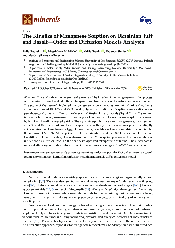 (PDF) The Kinetics of Manganese Sorption on Ukrainian Tuff and Basalt ...